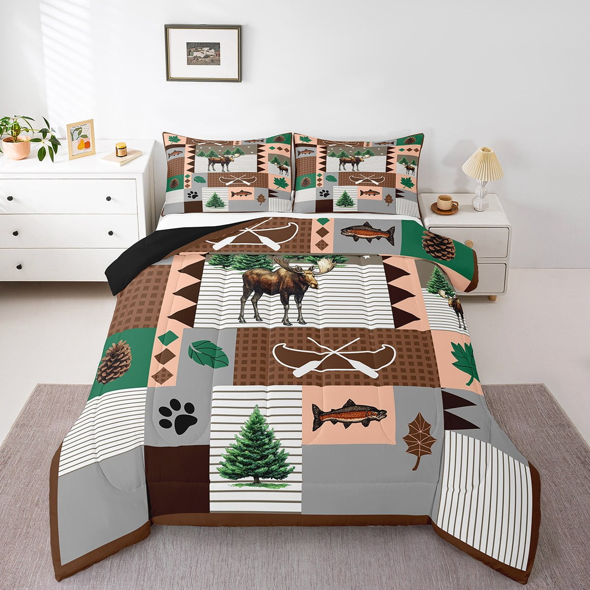 Moose Lodge Comforter Set,Rustic Famhouse Boat Bass Fish Adventure ...