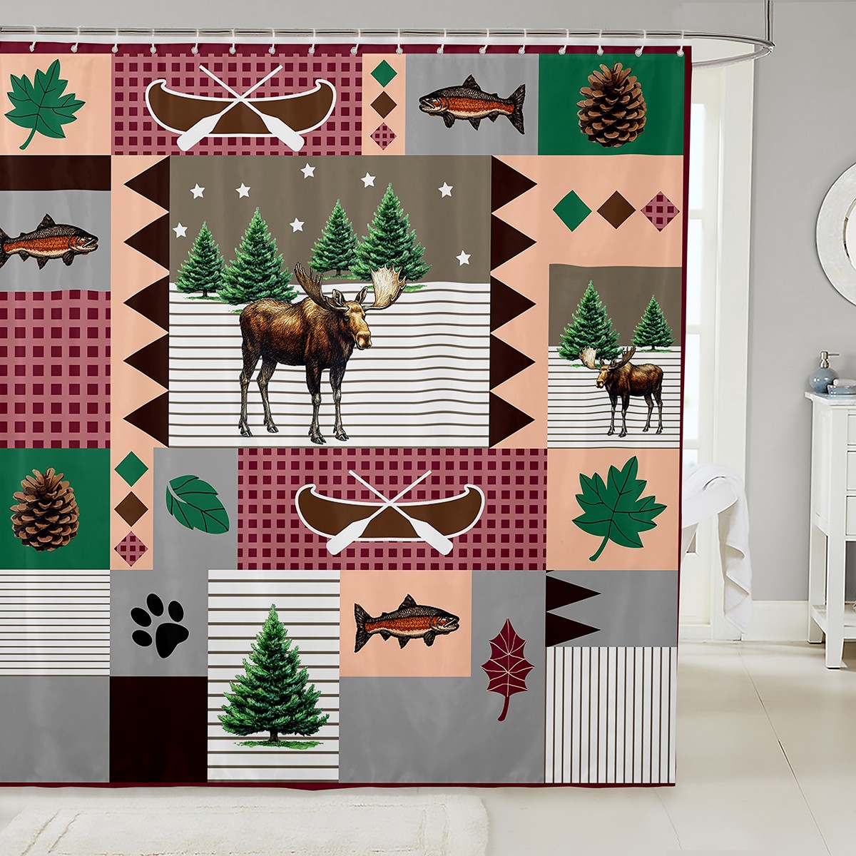 Moose Lodge Fabric Shower Curtain,Rustic Famhouse Boat Bass Fish ...