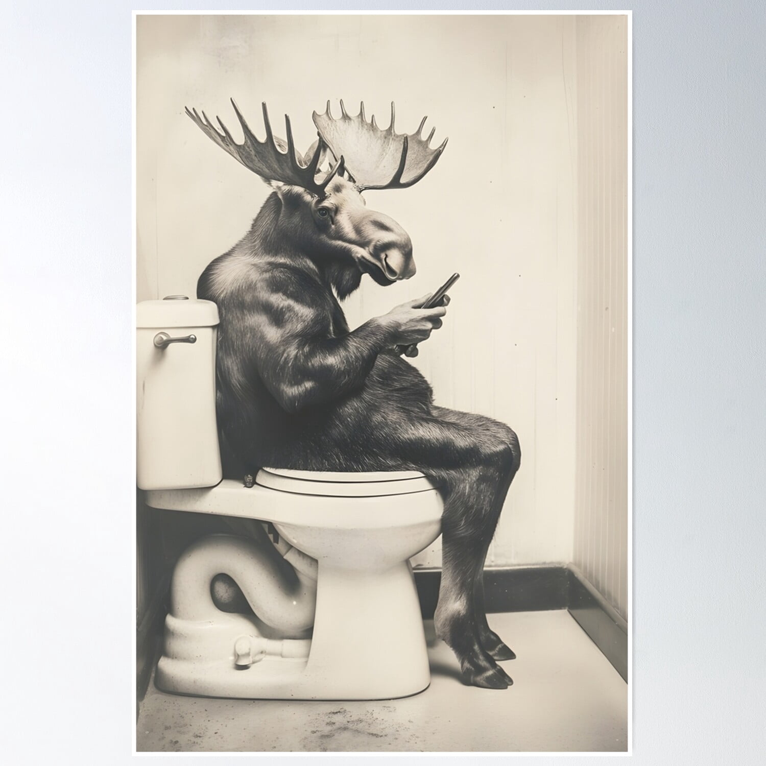 Moose On Toilet Watching Phone, Funny Bathroom Animal Poster Wall Art ...
