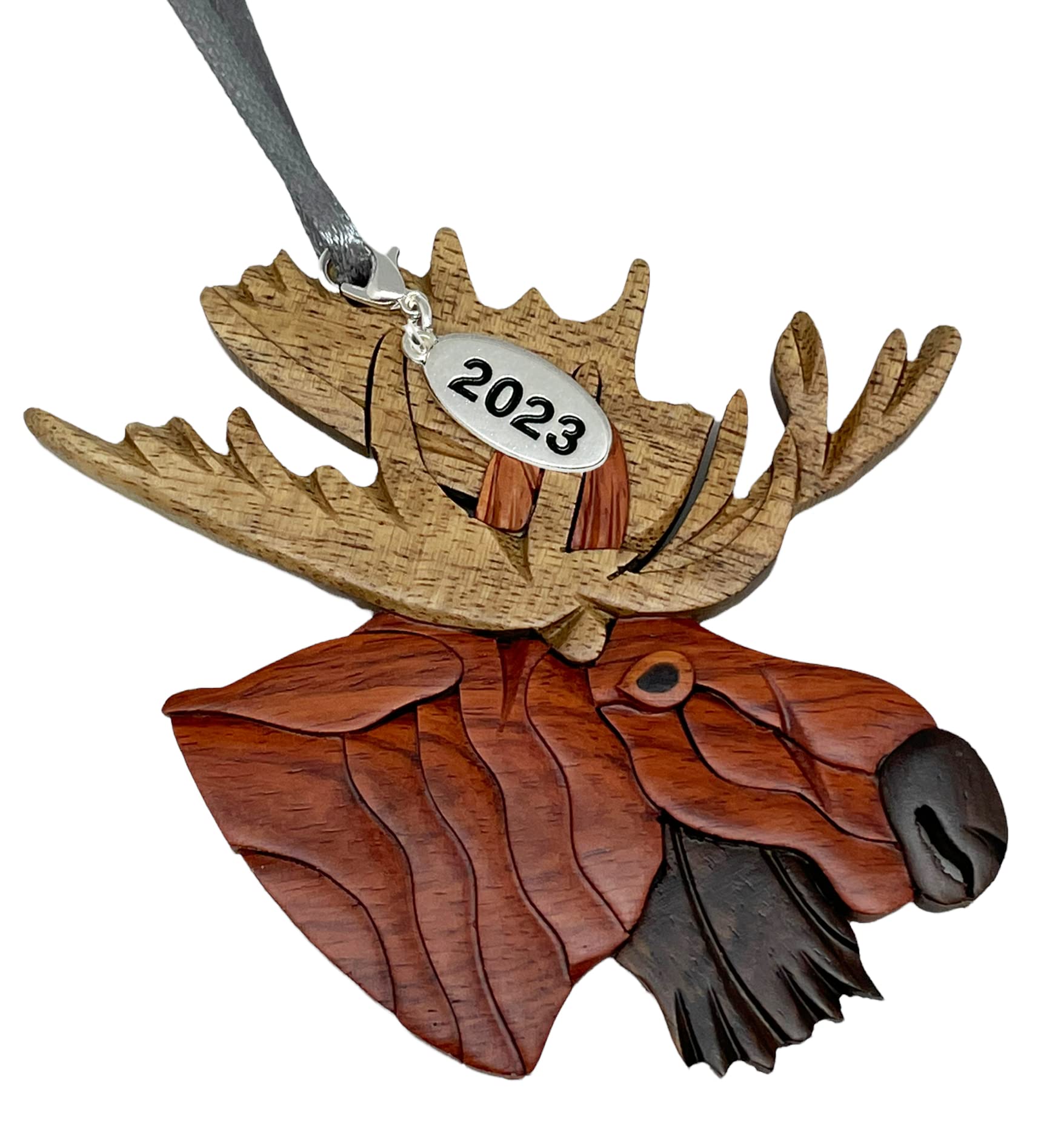 Moose Ornament 2024 Two-Tone Wood Intarsia Design Moose Head Christmas ...