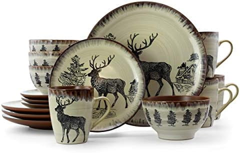 Moose Piece Round Stoneware Dinnerware Set in Taupe Beige Animal Casual ...