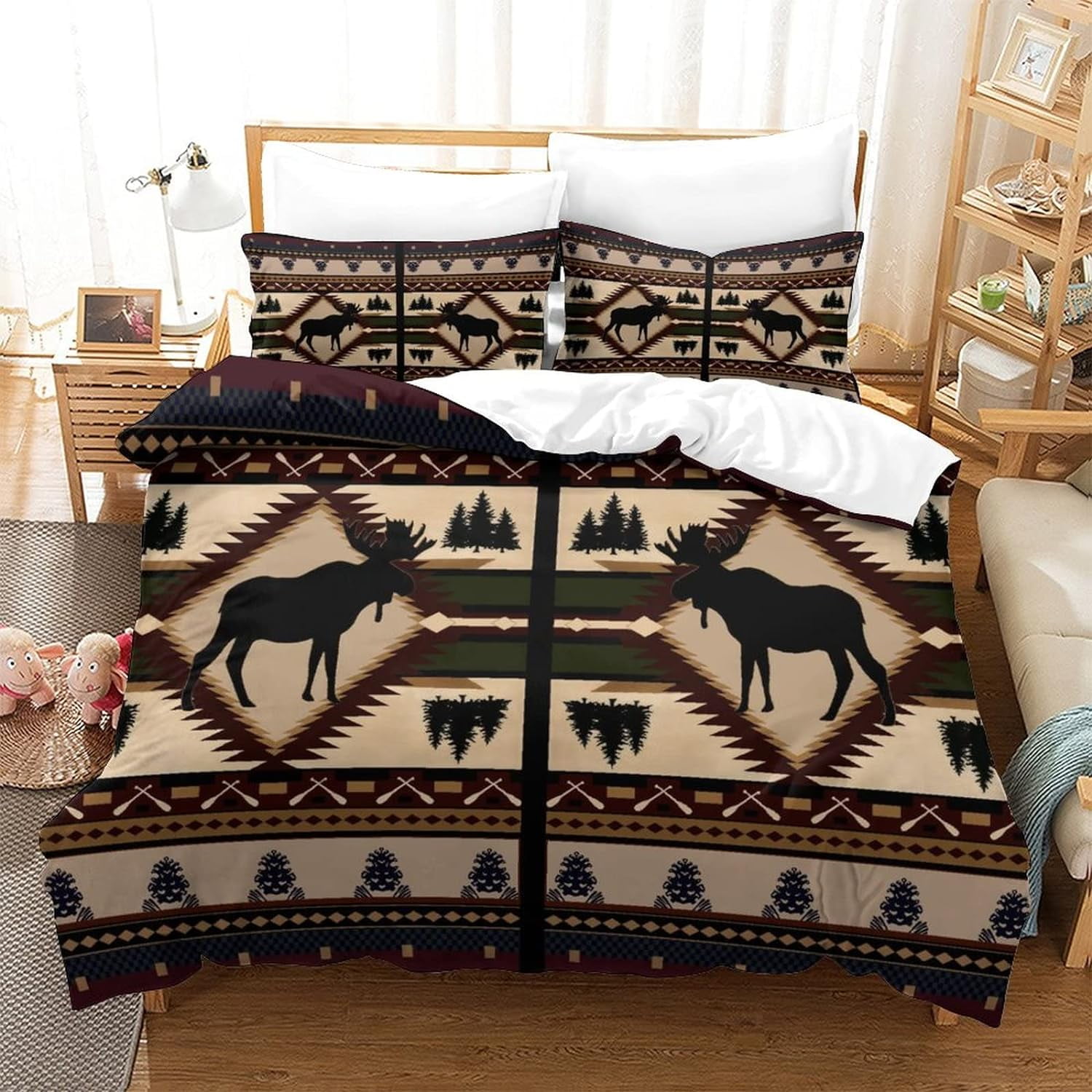 Moose Plaid Quilt 3 Pieces Quilt Set, Quilt with 2 Pillow Shams, Rustic ...