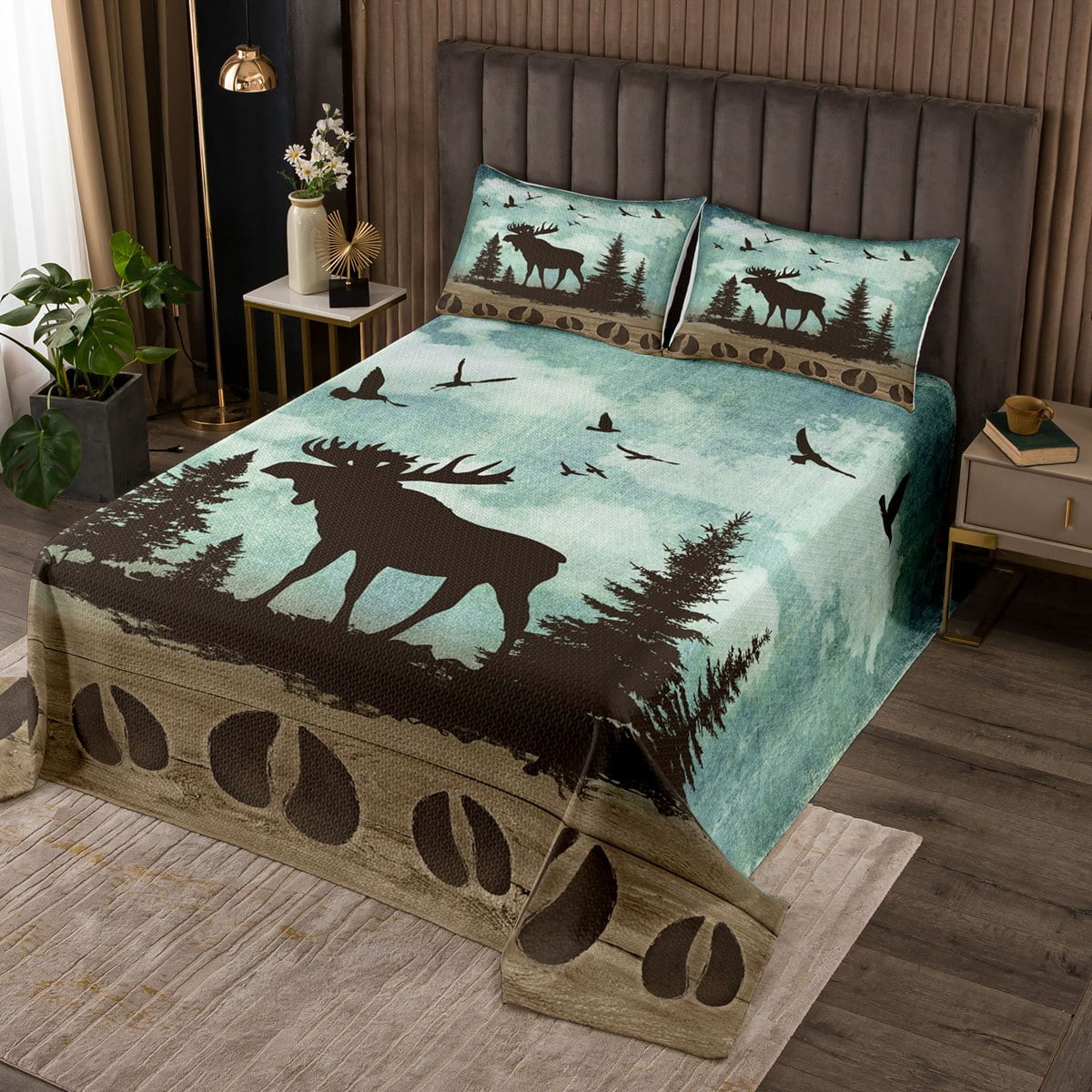 Moose Quilt Set Rustic Pine Trees Twin Bedspread Set for Boys,Woodland ...