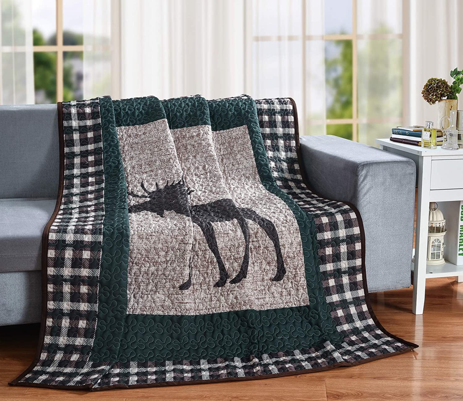Moose Quilt Throw Blanket Lodge Cabin Mountain Style Bedding Bedspread ...