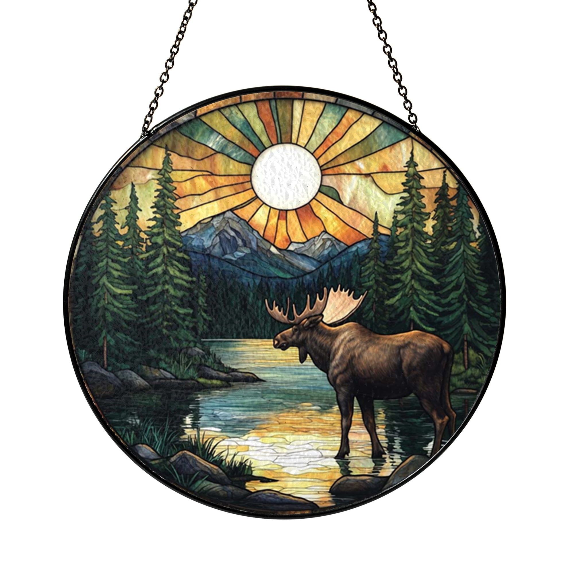 Moose Silhouette Lake Sunset Stained Glass Suncatcher – Window Decor ...