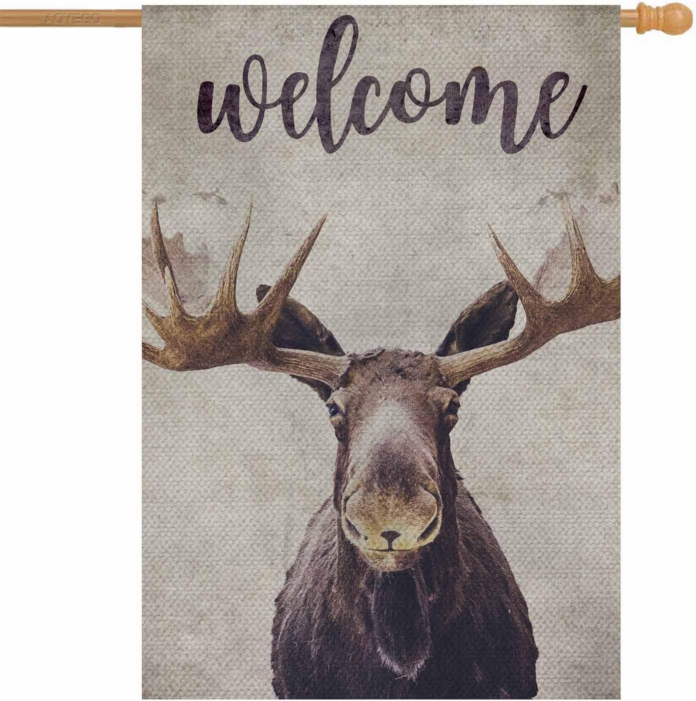 Moose Welcome House Flag Vertical Double Sided Burlap Moose With Two ...