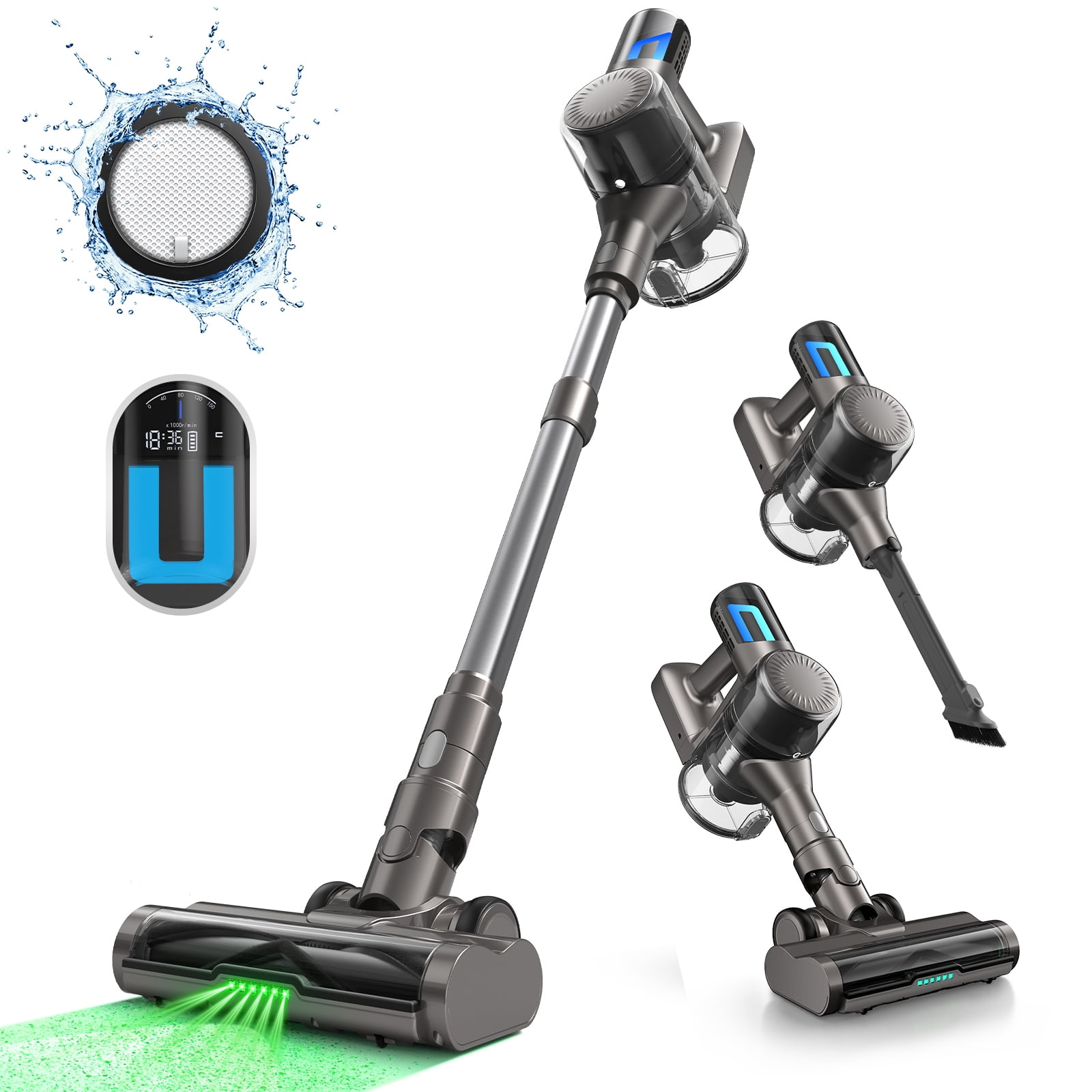 MOOSOO Wireless Vacuum with Flashlight, Anti-Tangle Brush, Suction For ...
