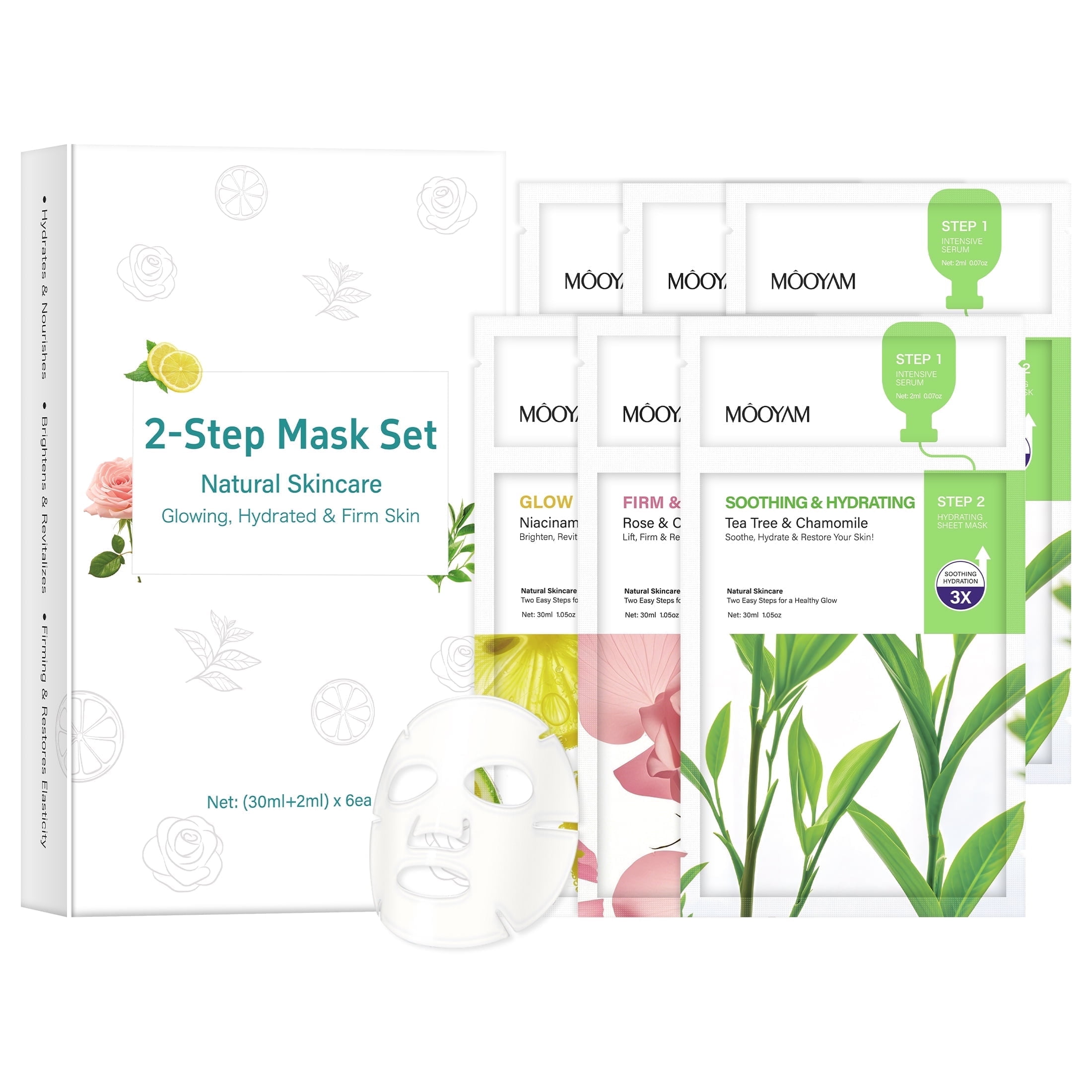 Mooyam 2-Step Mask Set 6 Sheets Natural Skincare Sheet Mask Lemon Rose ...