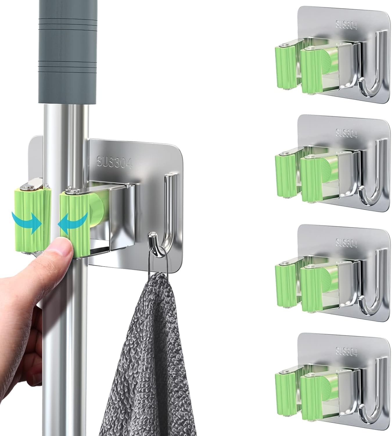 Mop Broom Holder, 4 Pcs Stainless Steel Self Adhesive Mop Holder Wall ...
