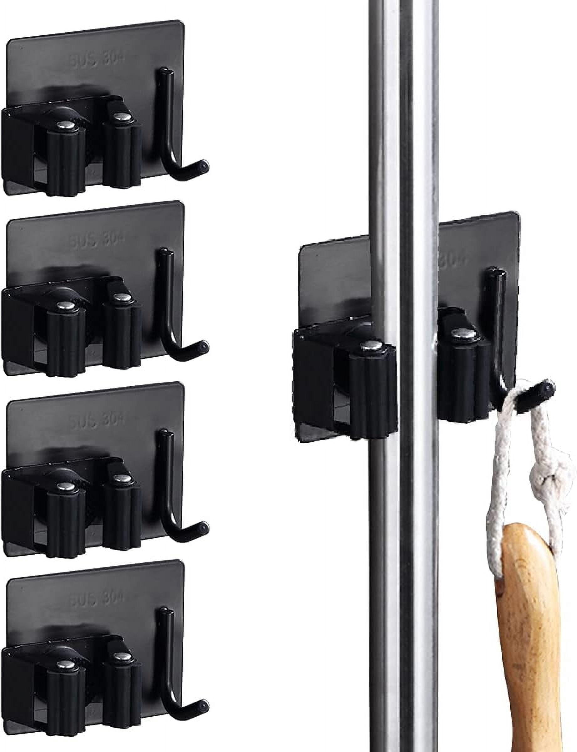 Mop Broom Holder with Hooks,4Pcs Stainless Steel Self Adhesive Broom ...