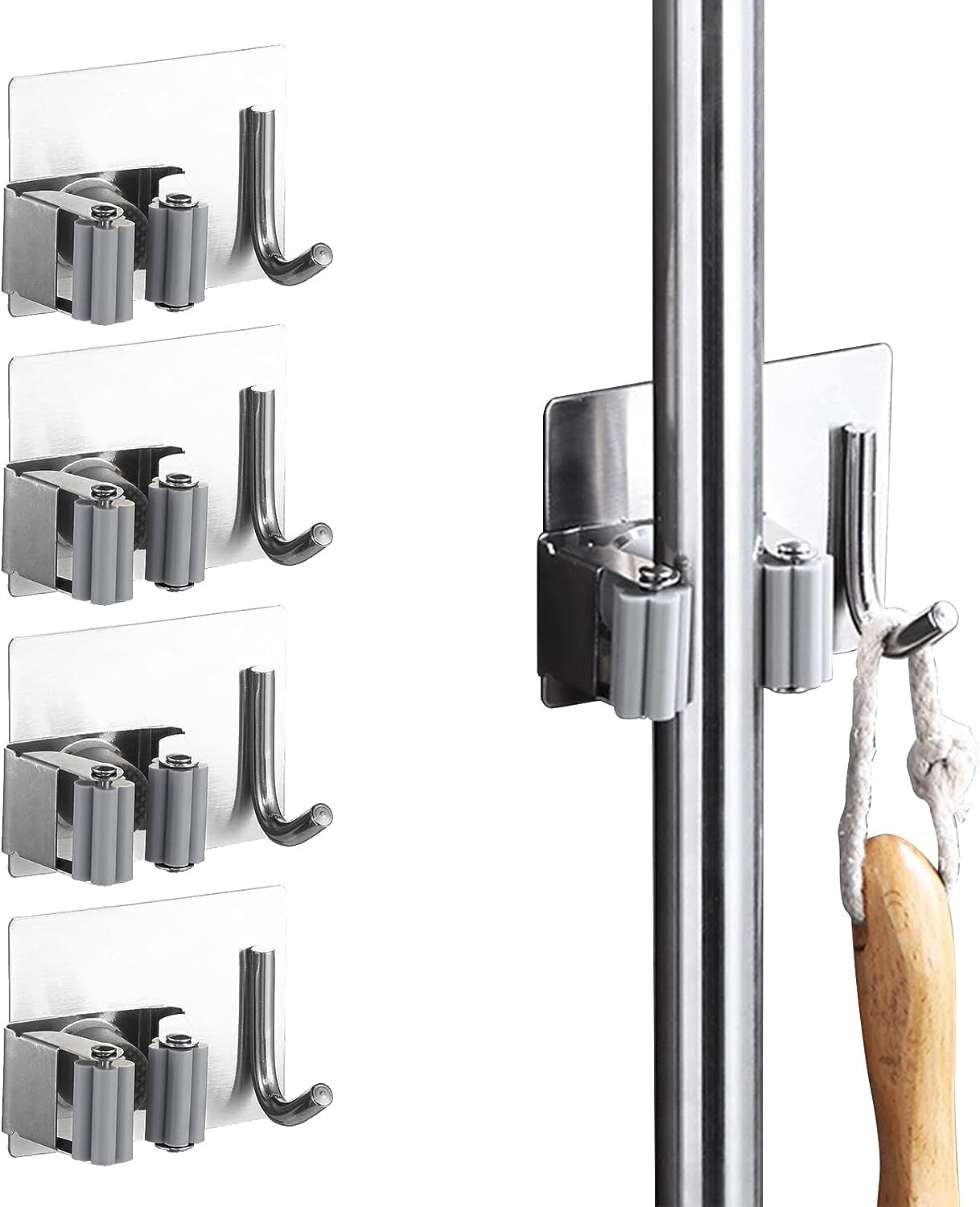 Mop Broom Holder with Hooks,4Pcs Stainless Steel Self Adhesive Broom ...