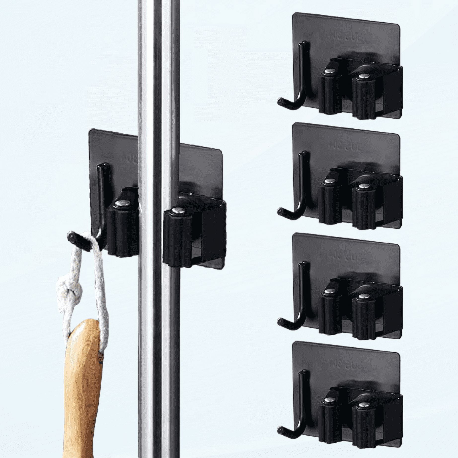 Mop Broom Holder with Hooks,4Pcs Stainless Steel Self Adhesive Broom ...