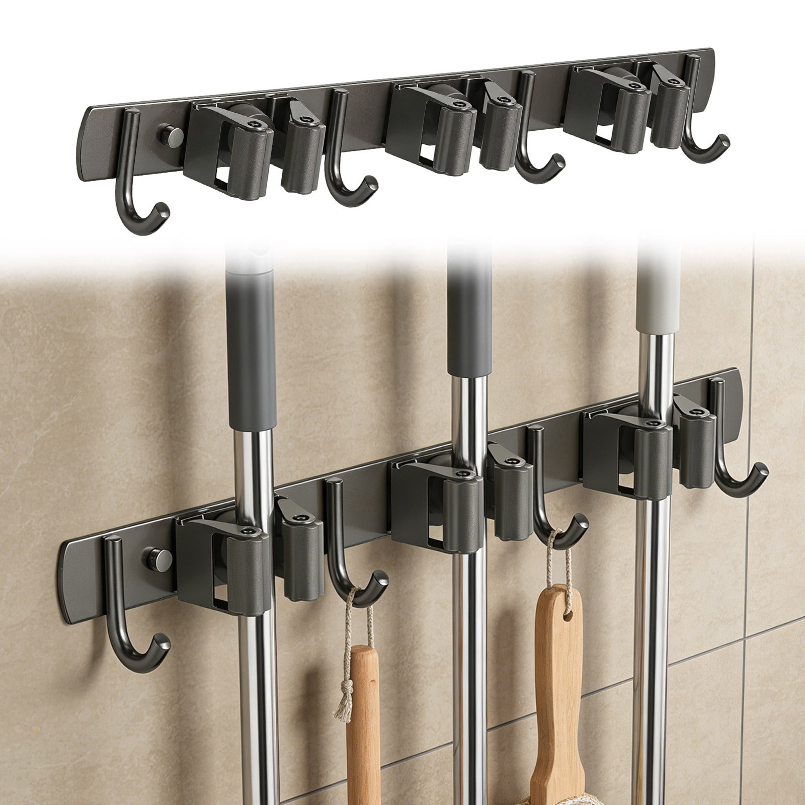 Mop and Broom Holder Wall Mount, 3 Racks with 4 Hooks, Stainless Steel Broom Organizer, Self ...