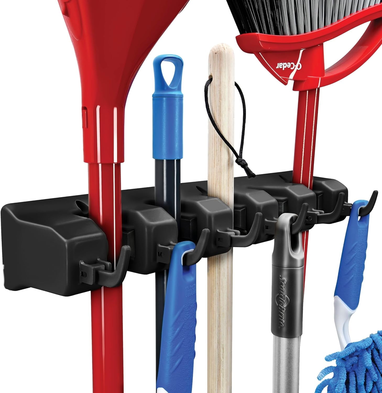 Mop and Broom Holder Wall Mount - Garage Storage Organizer with 5 Slots ...