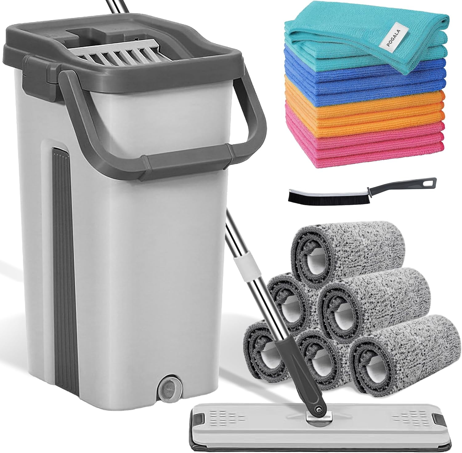 Mop Bucket Set with 12 Microfiber Cleaning Towels and a Cleaning Brush ...