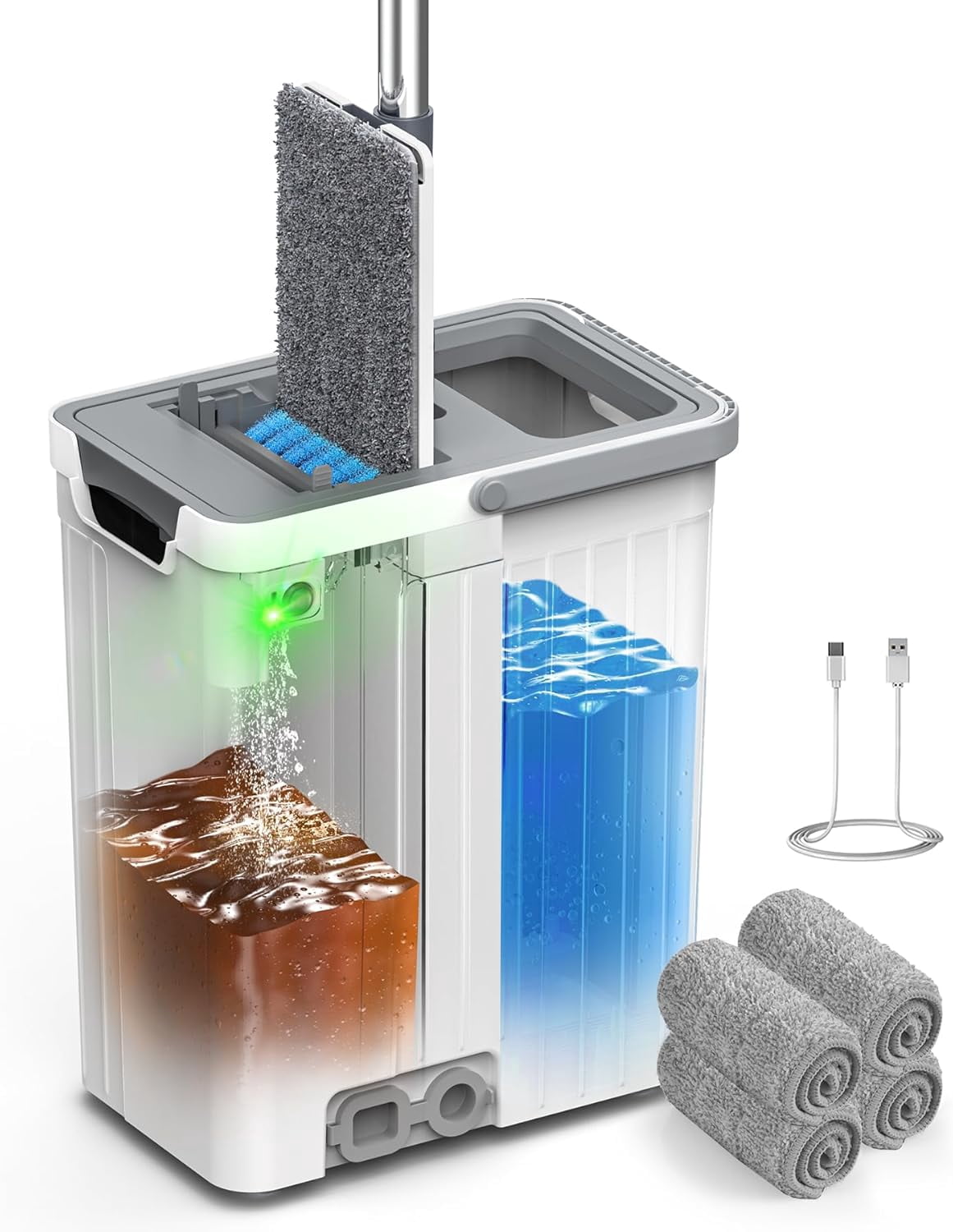 Mop and Bucket Set with AUTO Pump, 3-Zone Separate Dirty and Clean ...