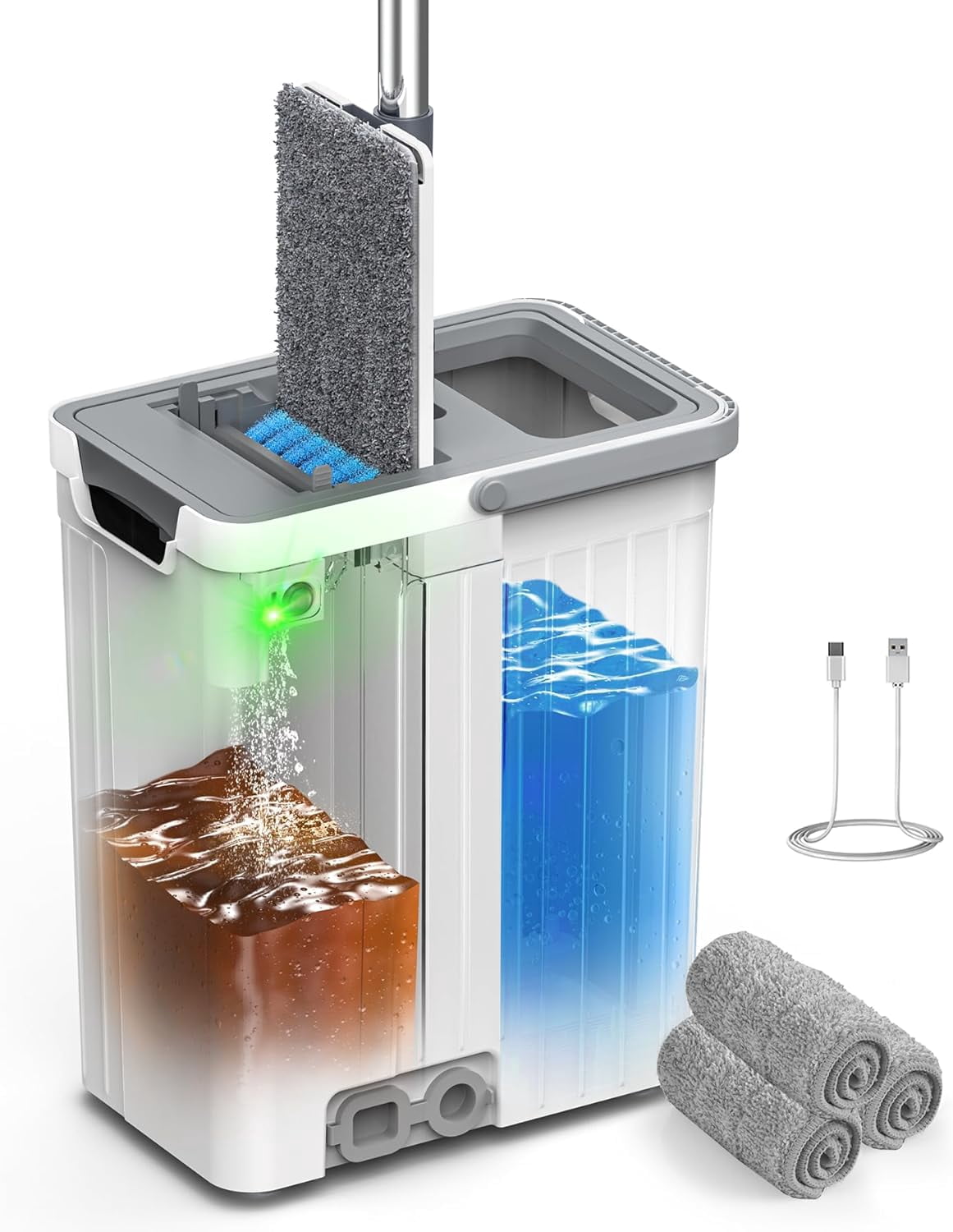 Mop and Bucket Set with AUTO Pump, 3-Zone Separate Dirty Clean Water ...