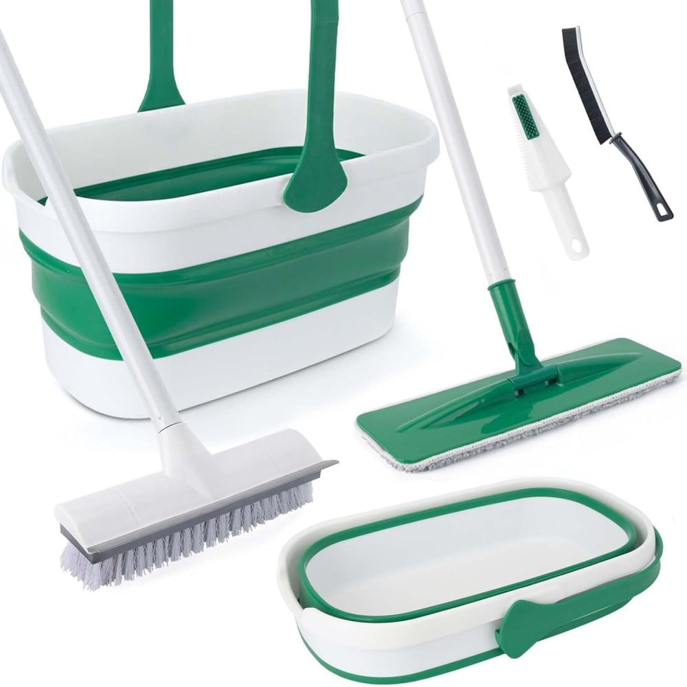 Mop and Bucket Set with Scrub Brush for Floor Cleaning, Flat Microfiber ...