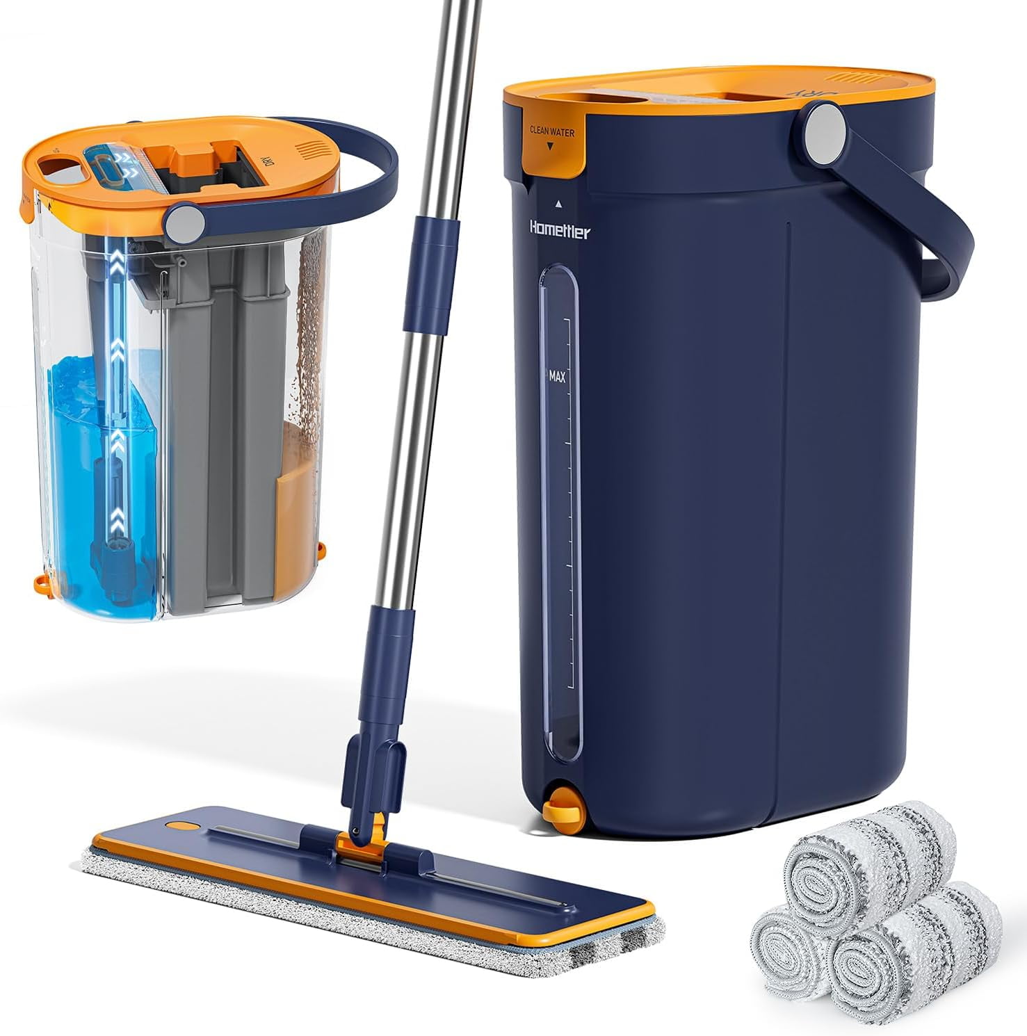 Mop and Bucket Set with Wringer, 3-Tank Flat Mop and Bucket System, Wall Mop Cleaner with Long ...