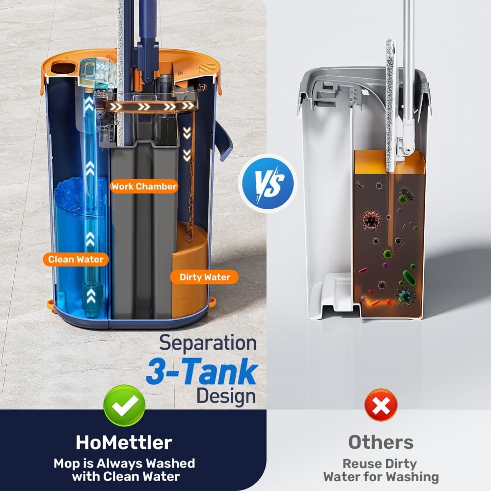 Mop and Bucket Set with Wringer, 3-Tank Flat Mop and Bucket System ...