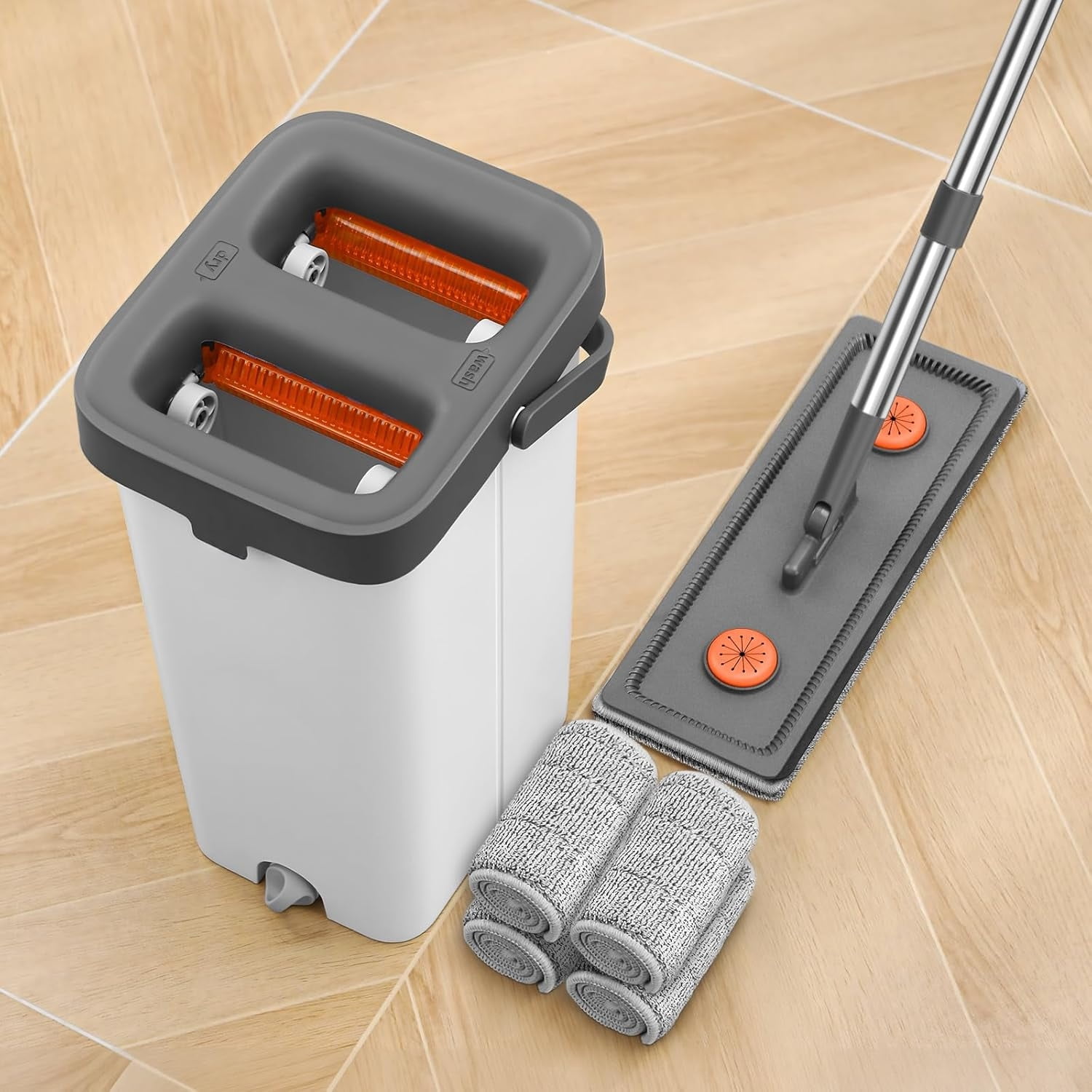 Mop and Bucket with Wringer Set for Home, Flat Mop and Bucket Set with ...