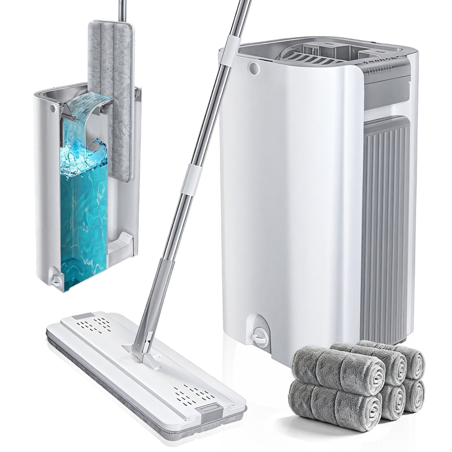 Mop and Bucket with Wringer Set for Home, Hands Free White Flat Squeeze ...