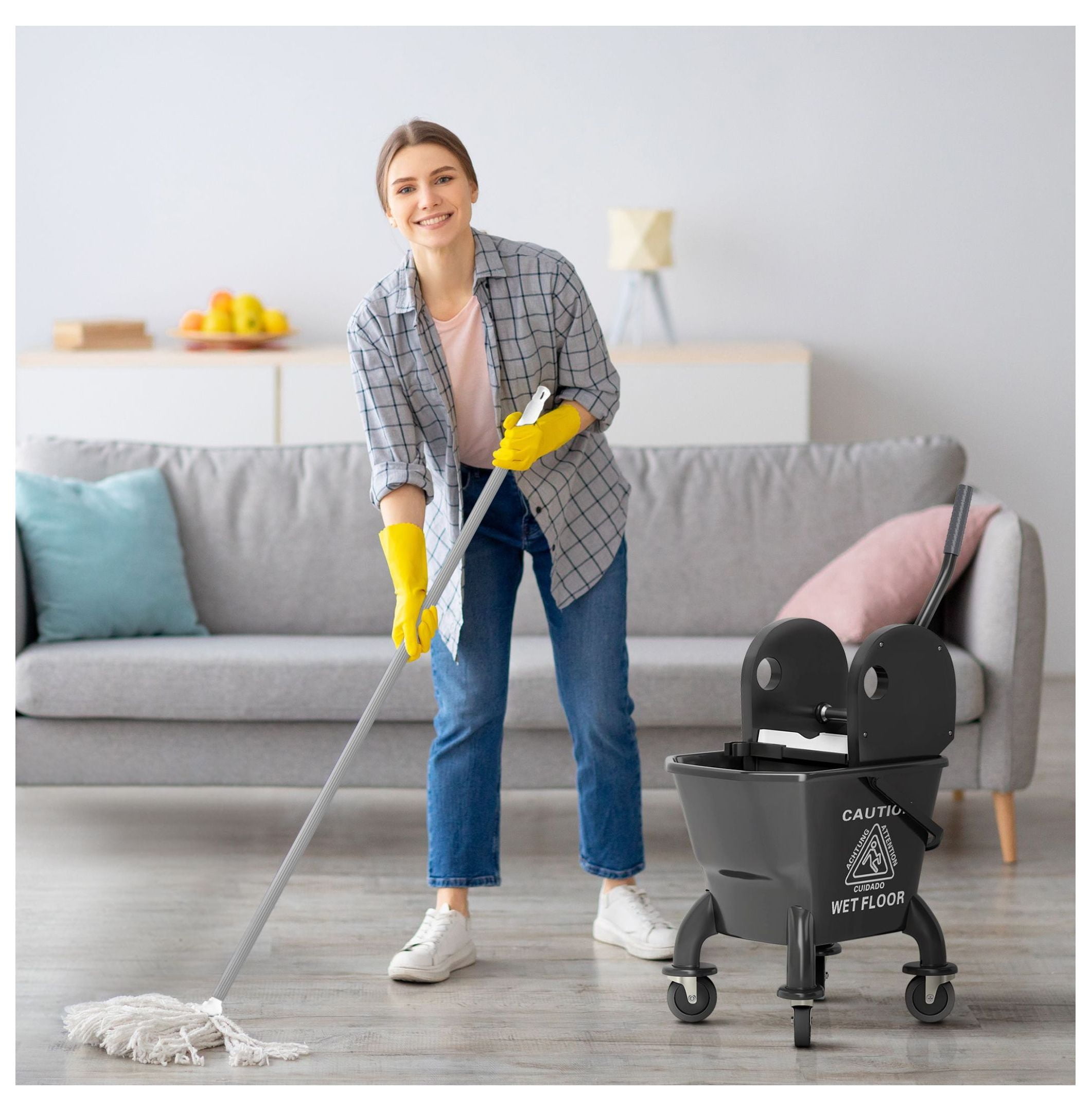 Mop Bucket with Wringer on Wheels, 27.5 Quart Floor Cleaning Bucket ...