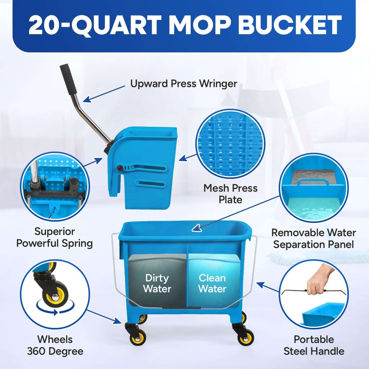 Mop Bucket with Wringer on Wheels, Small Dual Chamber Industrial Mop ...