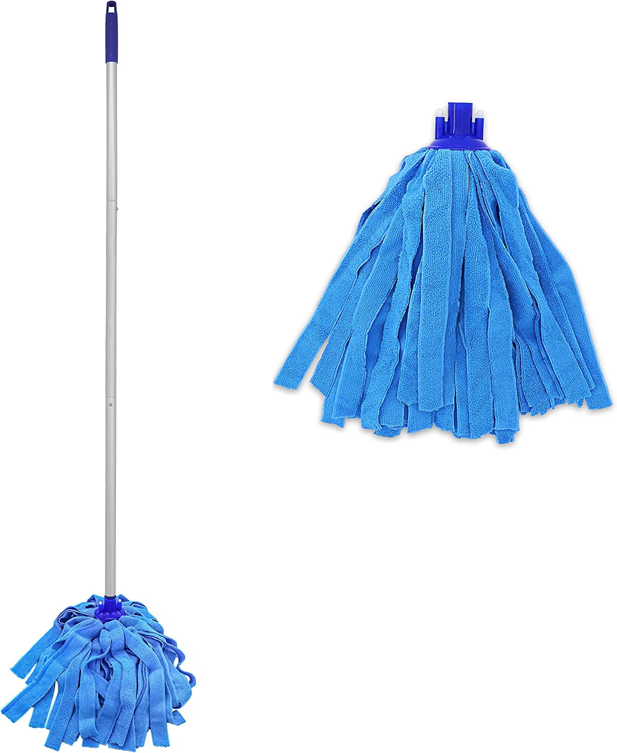 Mop, One Mop Handle with Two Blue Microfiber Cloth Mop Heads (1 Handle ...