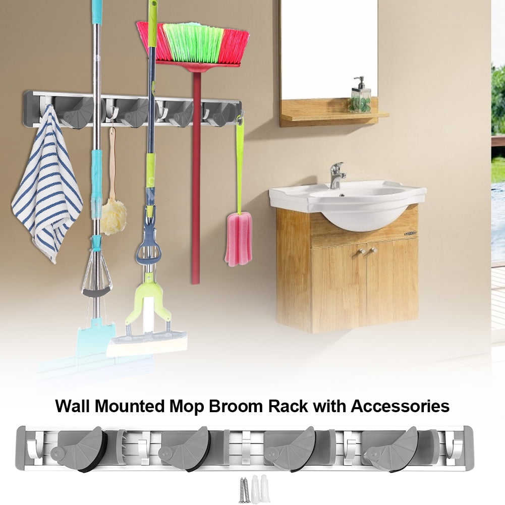 Mop and Broom Holder Rack Wall Mounted Tools Storage Organizer Home Use ...