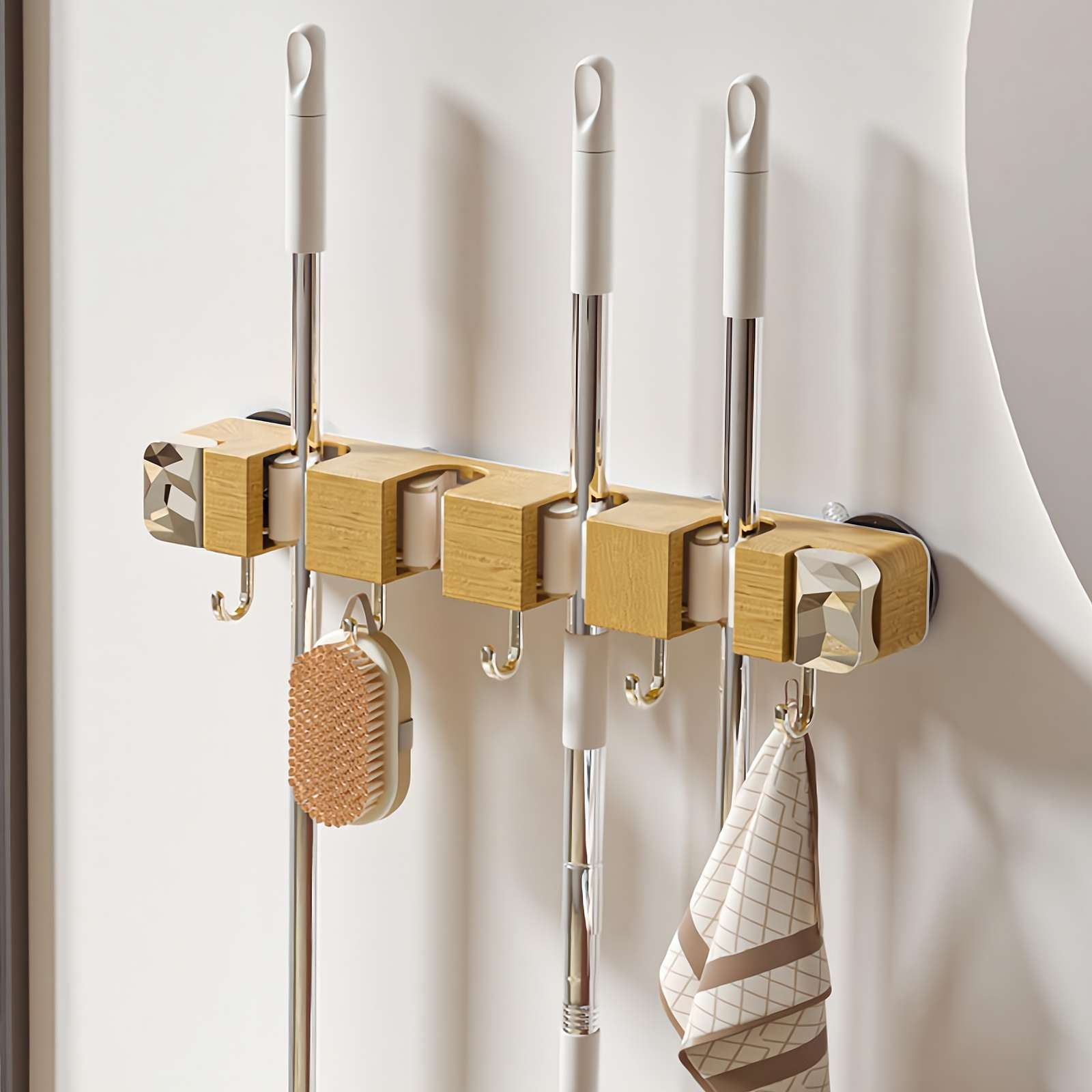 Mop and Broom Holder Wall Mount, Wood Broom Mop Hanger with 4 Racks and ...