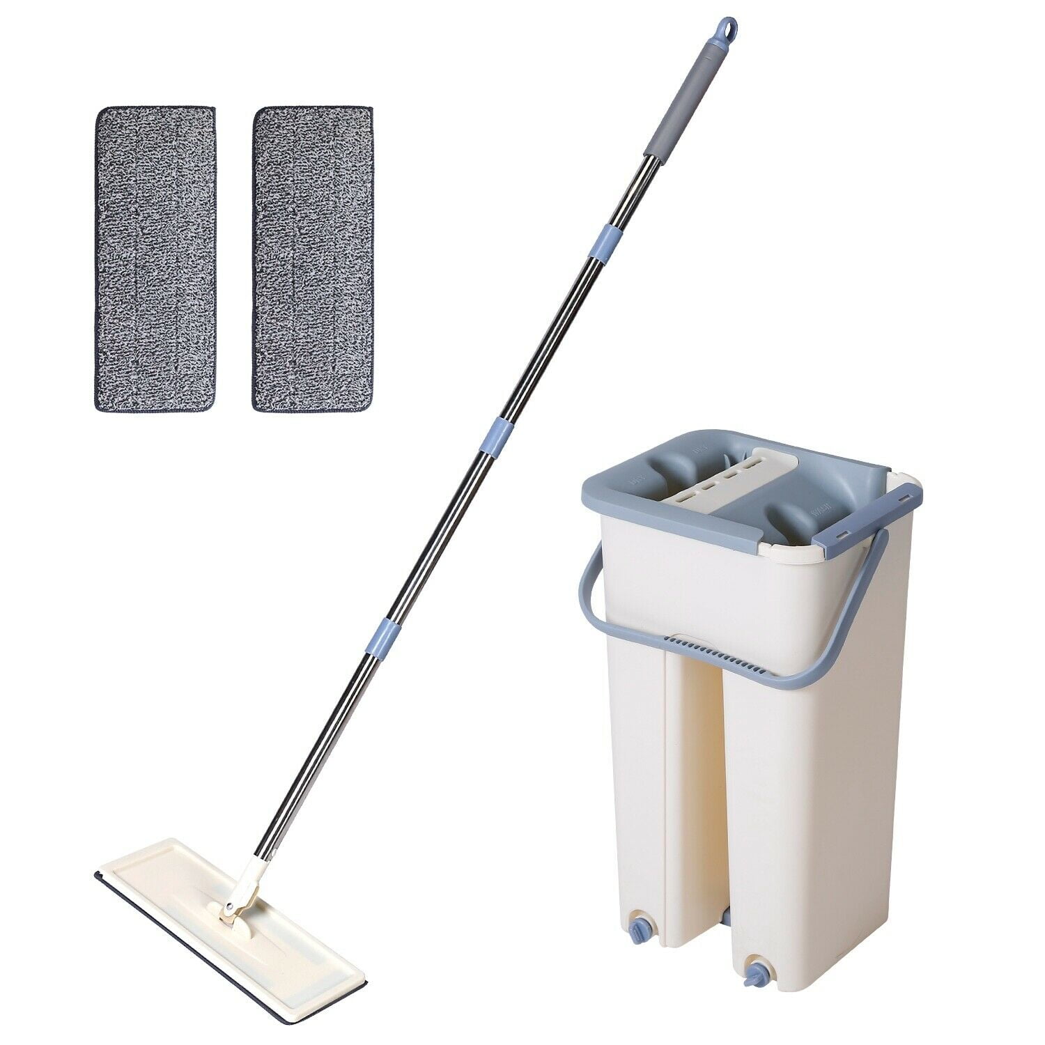 Mop and Bucket with Wringer Set with 2 Washable Microfiber Pads for Wet ...