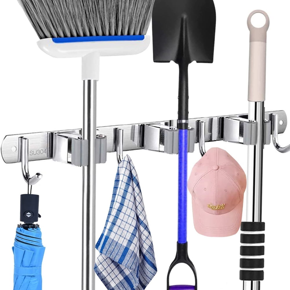 Mop and broom bracket, 3 positions, 4 hooks, wall mounted stainless ...