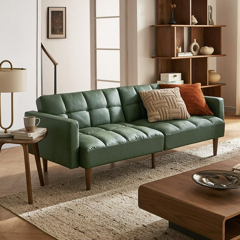 Mopio Aaron Futon Convertible Sofa Sleeper Futon with Arms Split Back Design 77.5 Sage Green Faux Leather