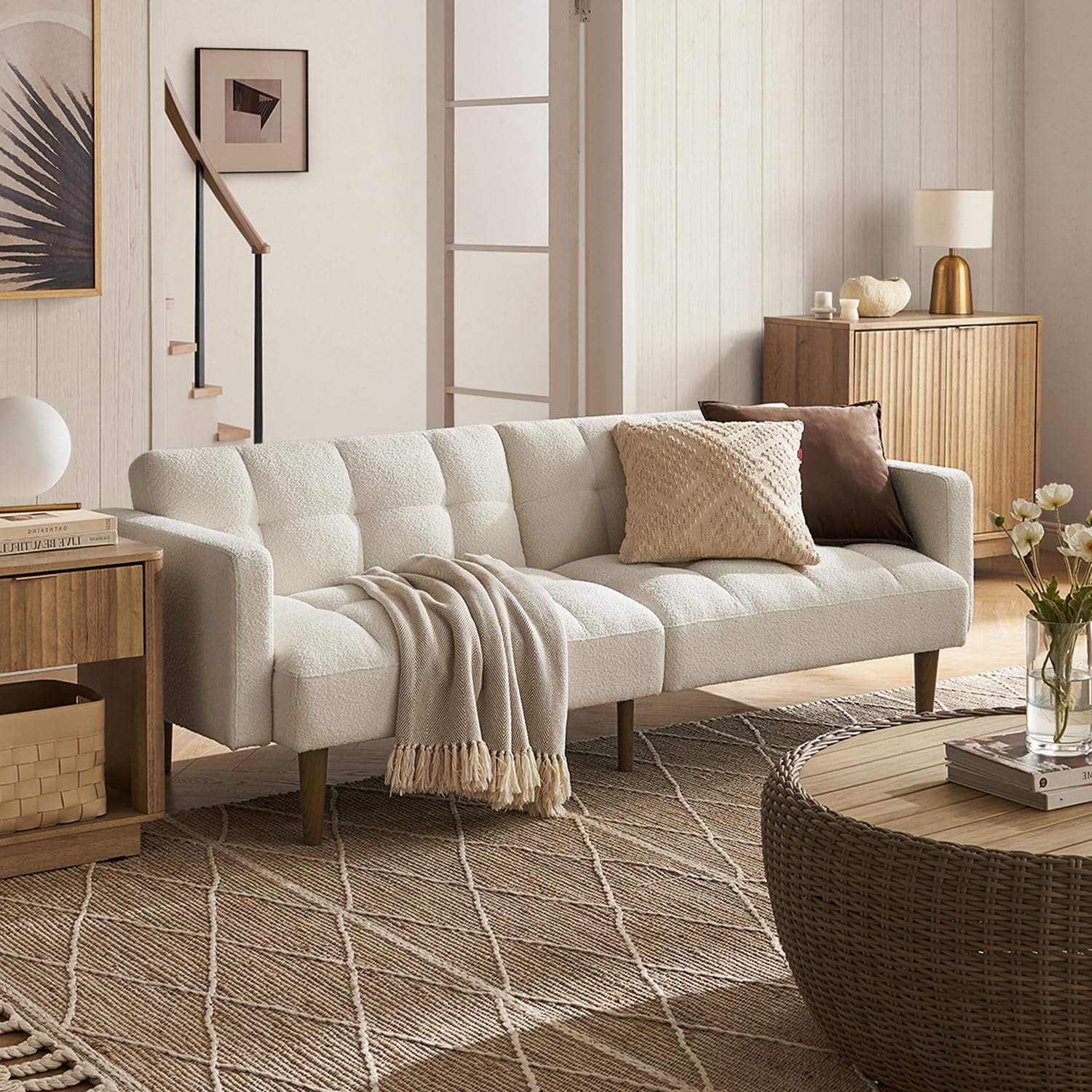 Mopio Aaron Twin Futon Sofa Split Back Design 77.5" Pearl White Boucle ...