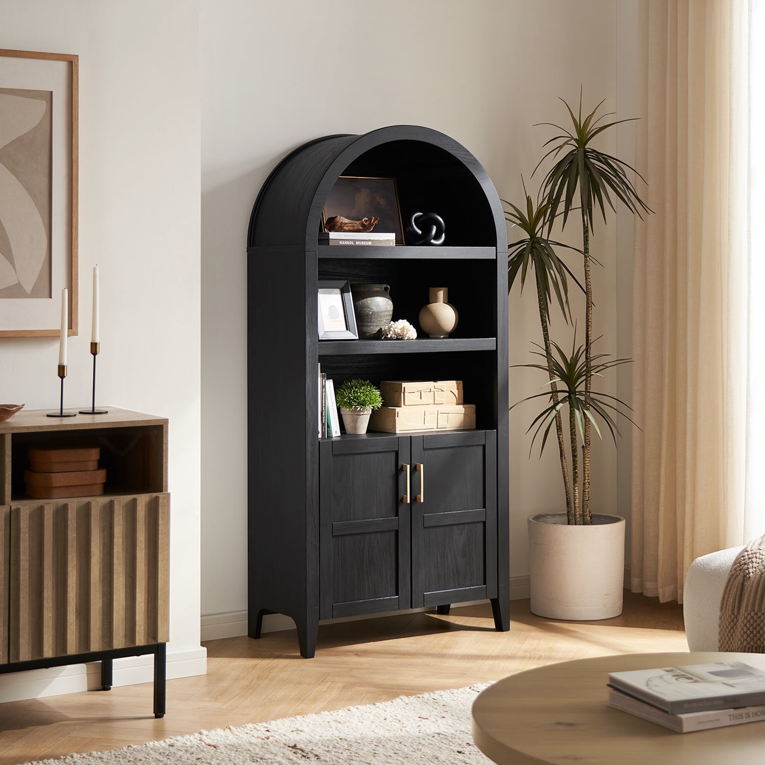"Mopio Lauren 65.4"" Arched Cabinet, 5-Tier Bookcase, Kitchen, Living Room Storage (Black ...
