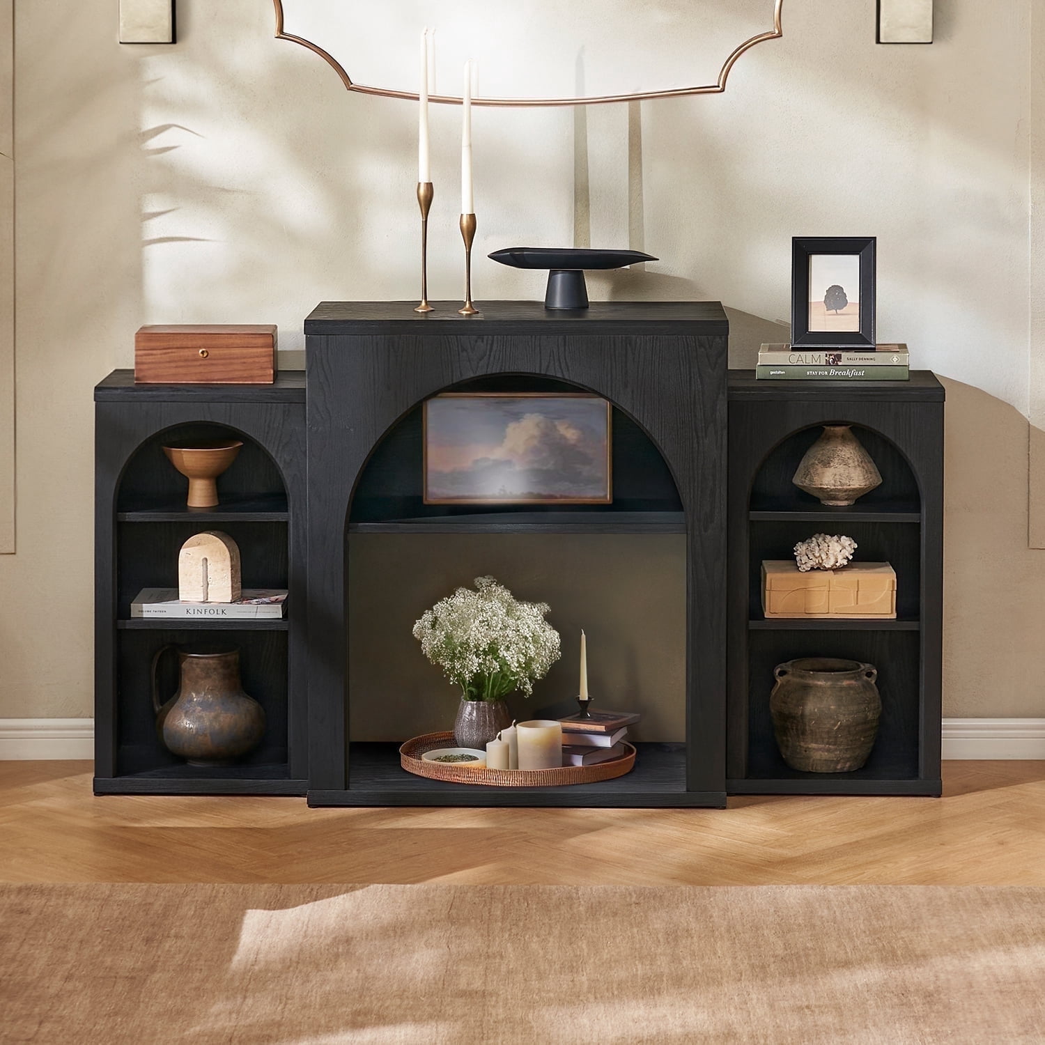 Mopio Blake 59" Arched TV Stand, Fireplace Mantel, Modular Side Storage ...