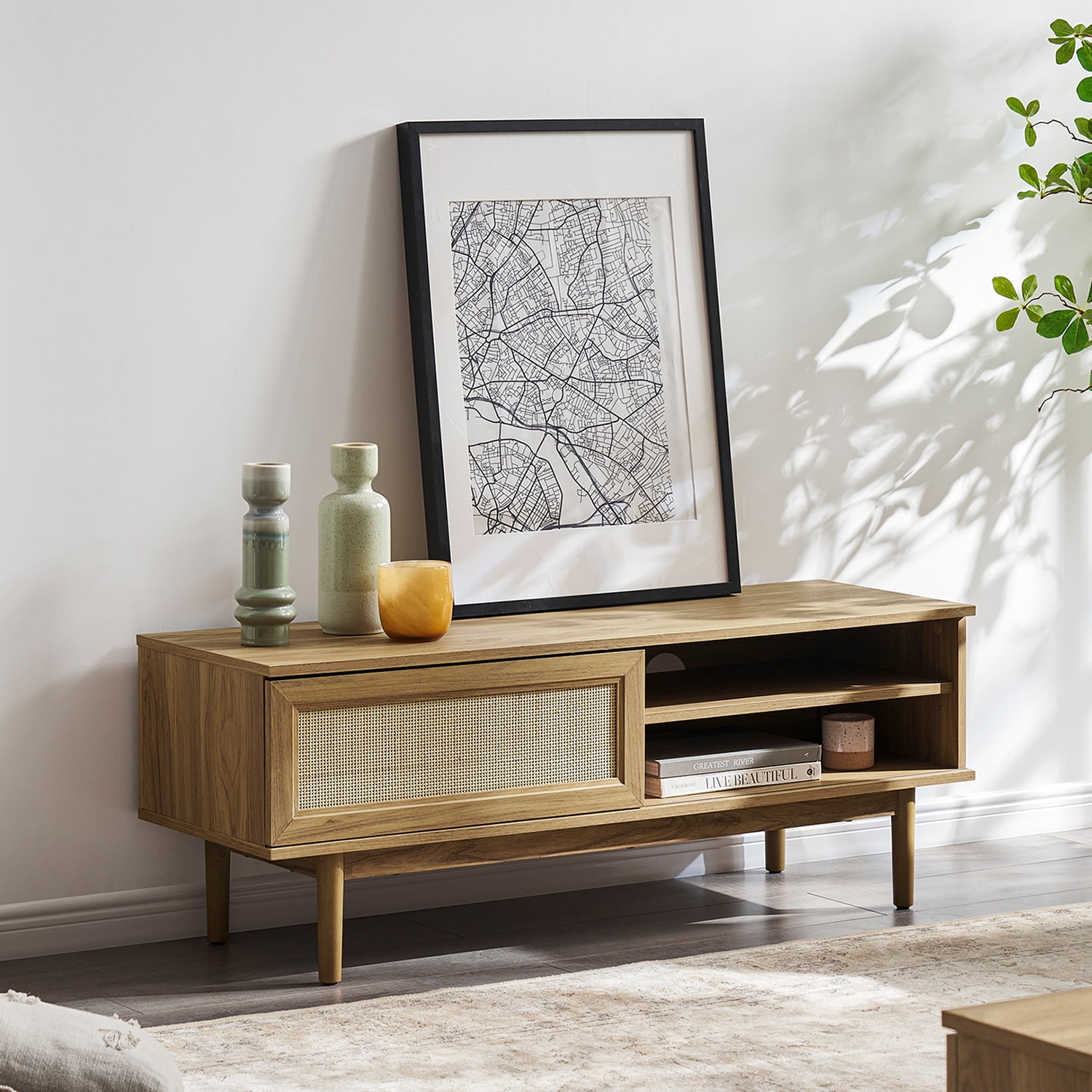 Mopio Haylee 46" TV Stand Oak for 45/50 inch TV, Rattan Sliding Doors ...
