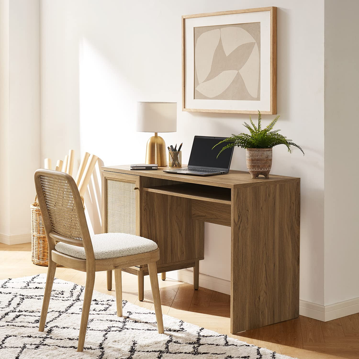 Mopio Haylee Home Office Writing Desk, Fancy Natural Rattan with Oak ...