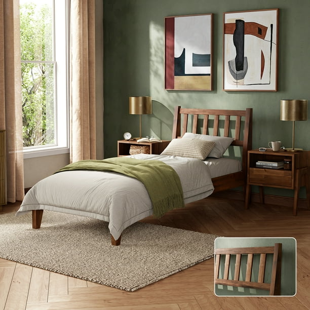 Mopio Ted Twin Bed Frame with Headboard Full Size Bed Frame Mid Century Modern Acacia Solid Wood Platform Bed Frame Wooden Bed Slats No Box Spring