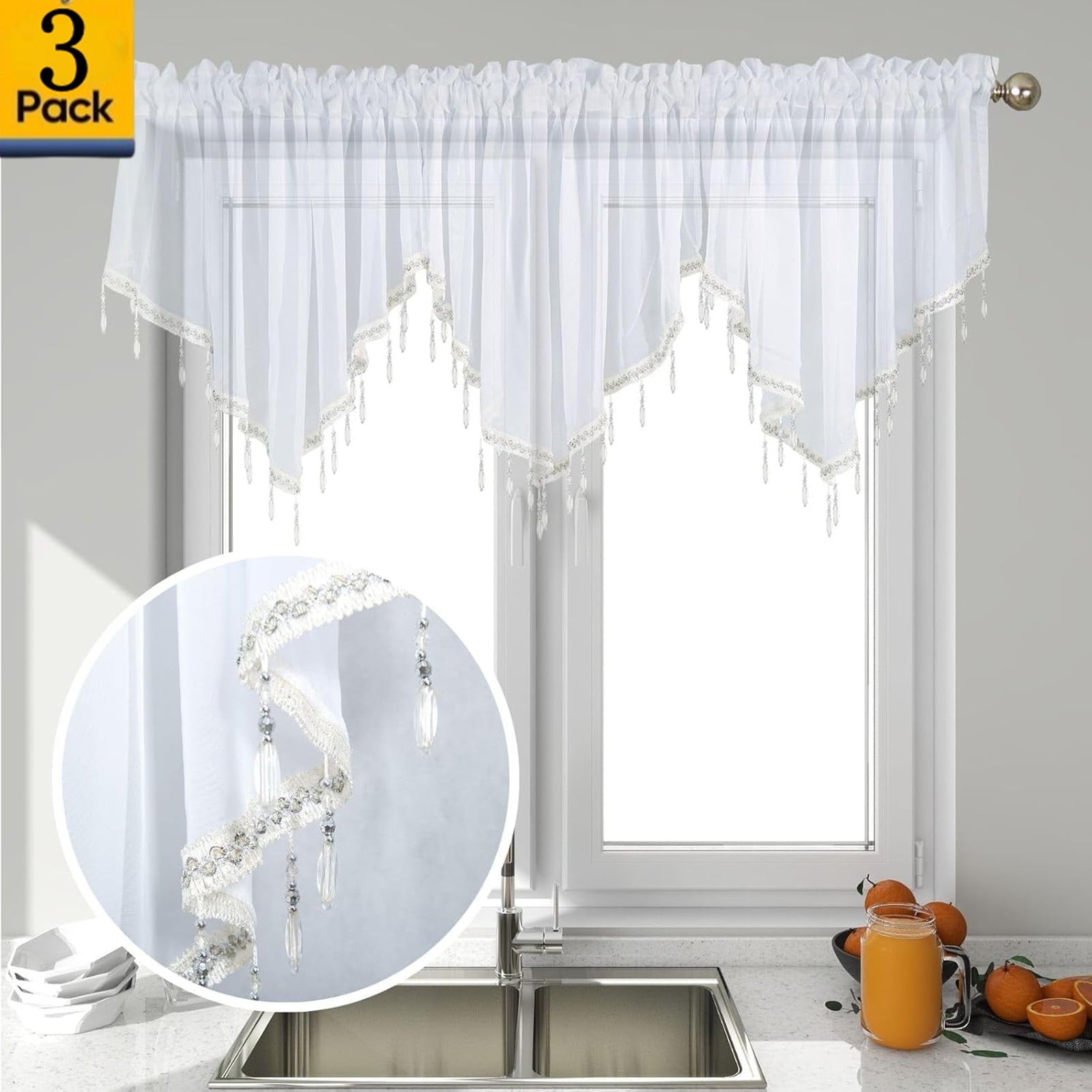 Moqsnm 3 Piece Beaded Triangle Sheer Valance Curtains for Windows ...