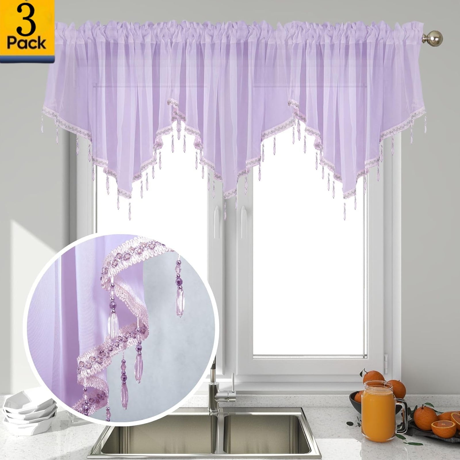Moqsnm 3 Piece Beaded Triangle Sheer Valance Curtains for Windows ...