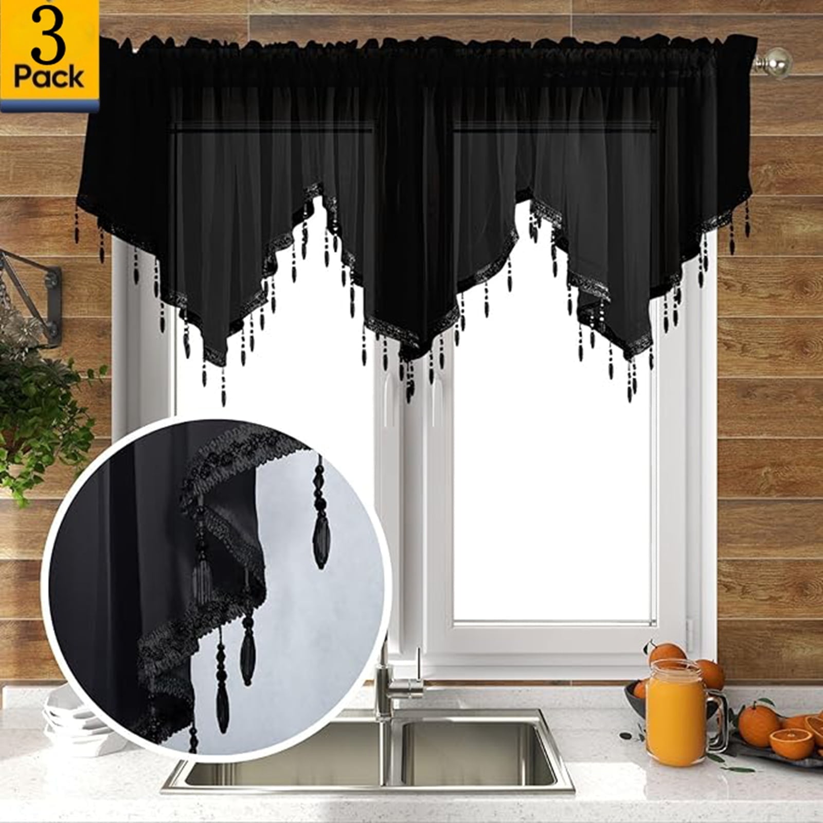 Moqsnm 3 Piece Beaded Triangle Sheer Valance Curtains for Windows ...