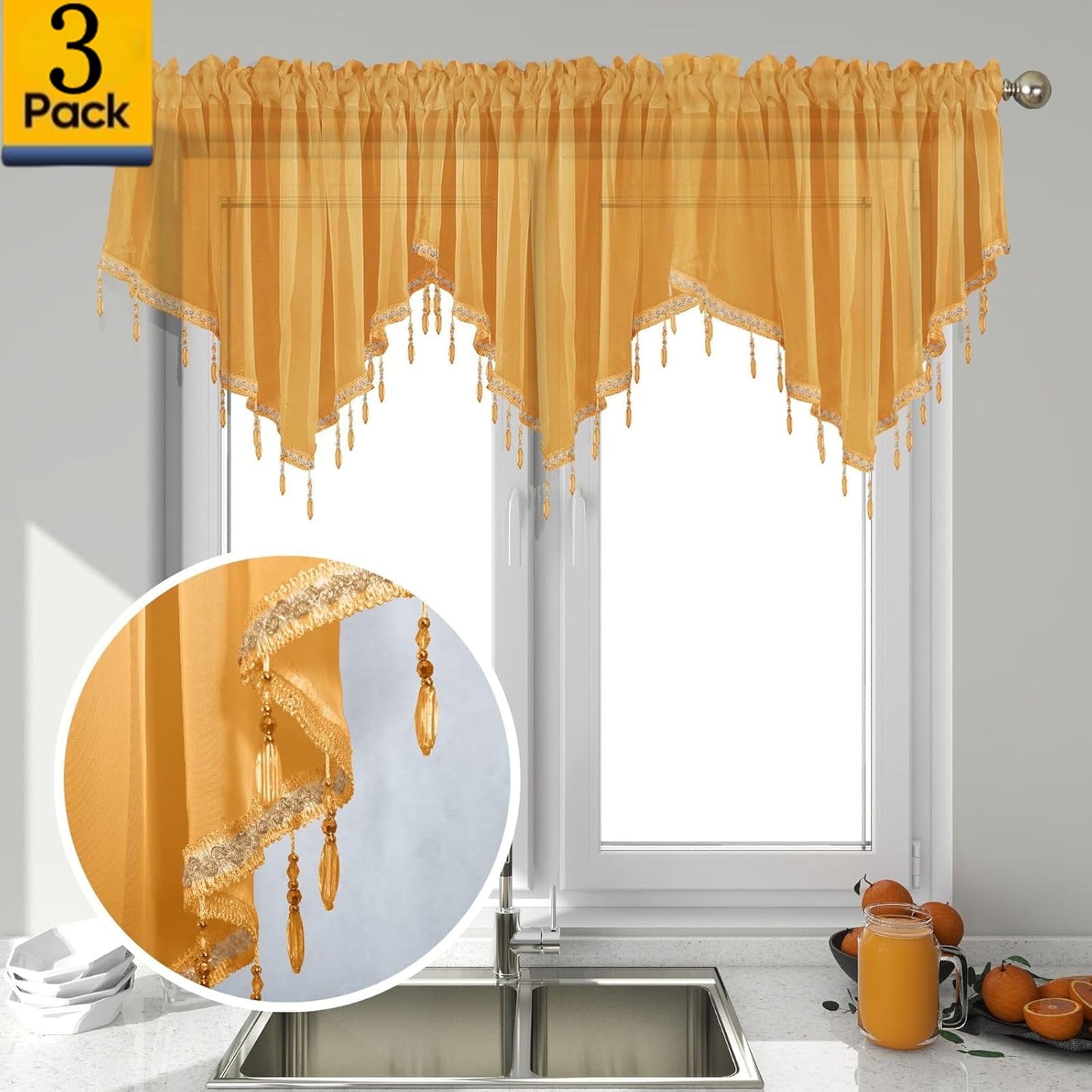 Moqsnm 3 Piece Beaded Triangle Sheer Valance Curtains for Windows ...