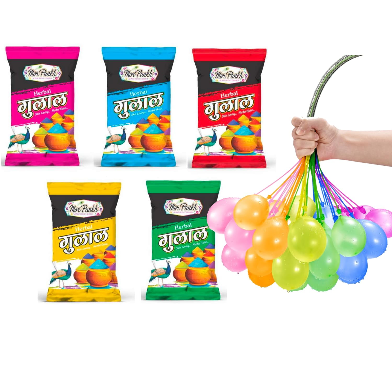 Mor Pankh Herbal Holi Gulal + Water Balloons Combo - Pack Of 5 X 80gm ...