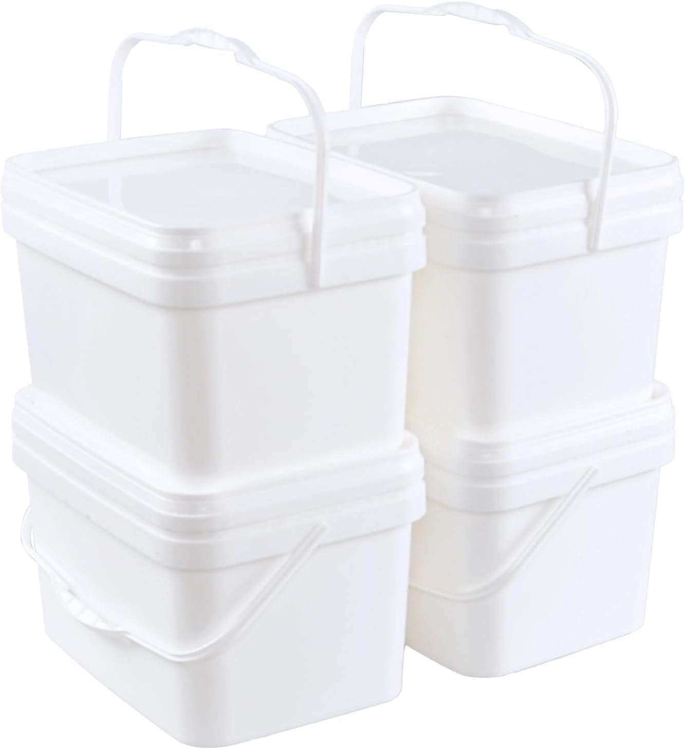 Morcte 3 Gallon White Rectangular Food Bucket Pail with Lid, Set of 4 Plastic Square Utility ...