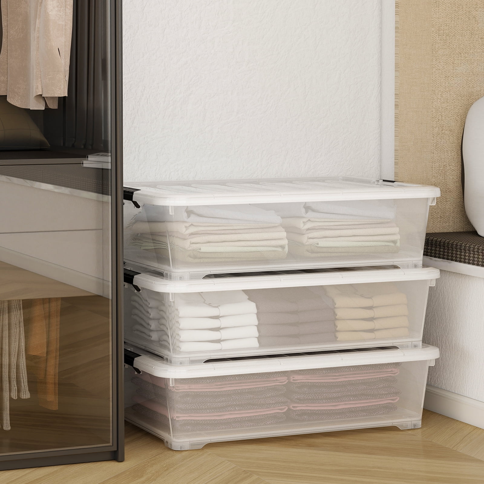 Morcte 50 Quart Clear Plastic Under Bed Storage Box, 3-Pack Under Bed ...