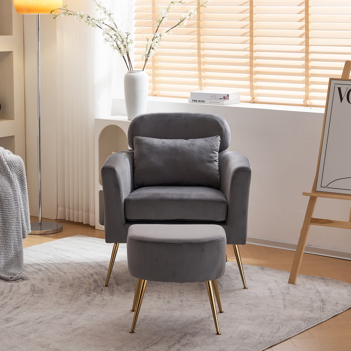 Morden Accent Chair with Ottoman and Pillow, Arm Chair with Adjuestable ...