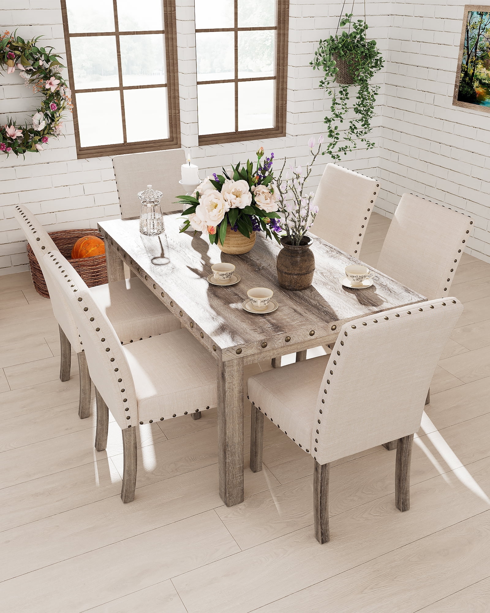 Morden Fort 7 Piece Rustic Wooden Dining Set, Mid-Century Modern Table ...