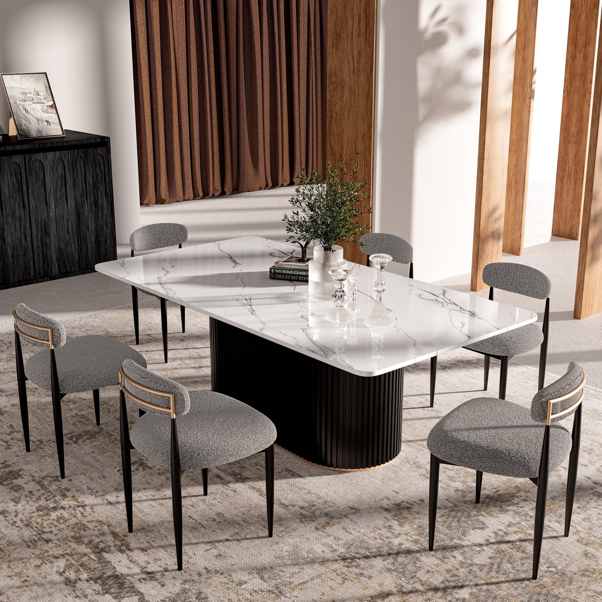 Morden Fort 71" Dining Table Set for 4, White Marble Top Dining Table ...